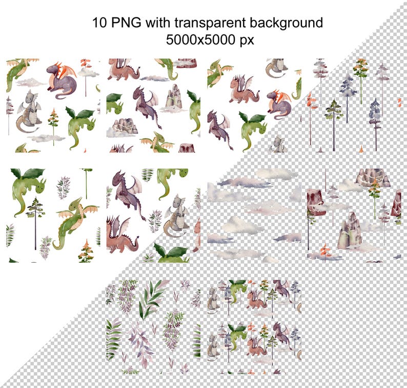 Watercolor Dragons Papers, Kids Seamless Patterns, Png, Digital ...