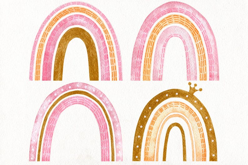 Watercolor Rainbow Clipart: Pink & Gold Crowns, Hearts (digital ...