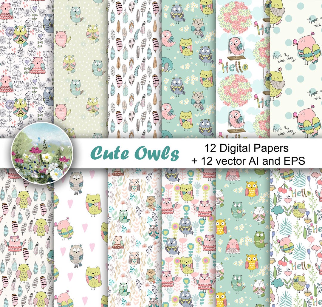 Cute Owls Digital Paper, 12 Owl Scrapbook Papers + 12 Vector Files ...