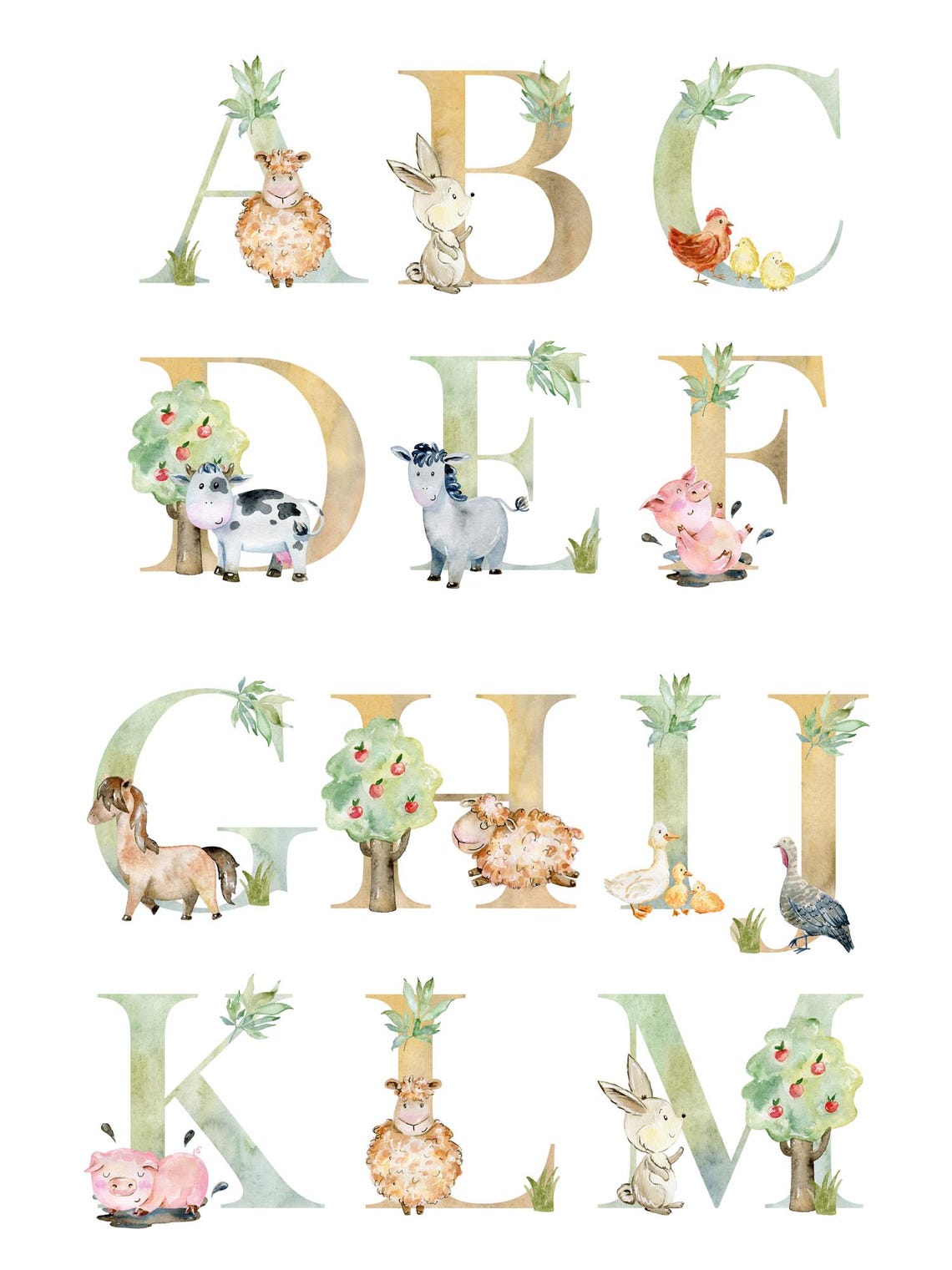 Watercolor Farm Animals Alphabet, Cute Letters and Numbers Clipart ...