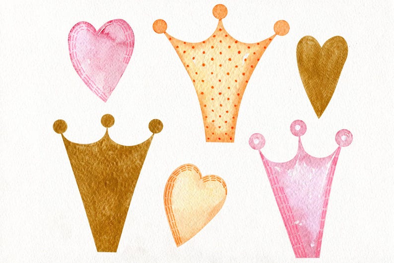Watercolor Rainbow Clipart: Pink & Gold Crowns, Hearts (digital ...