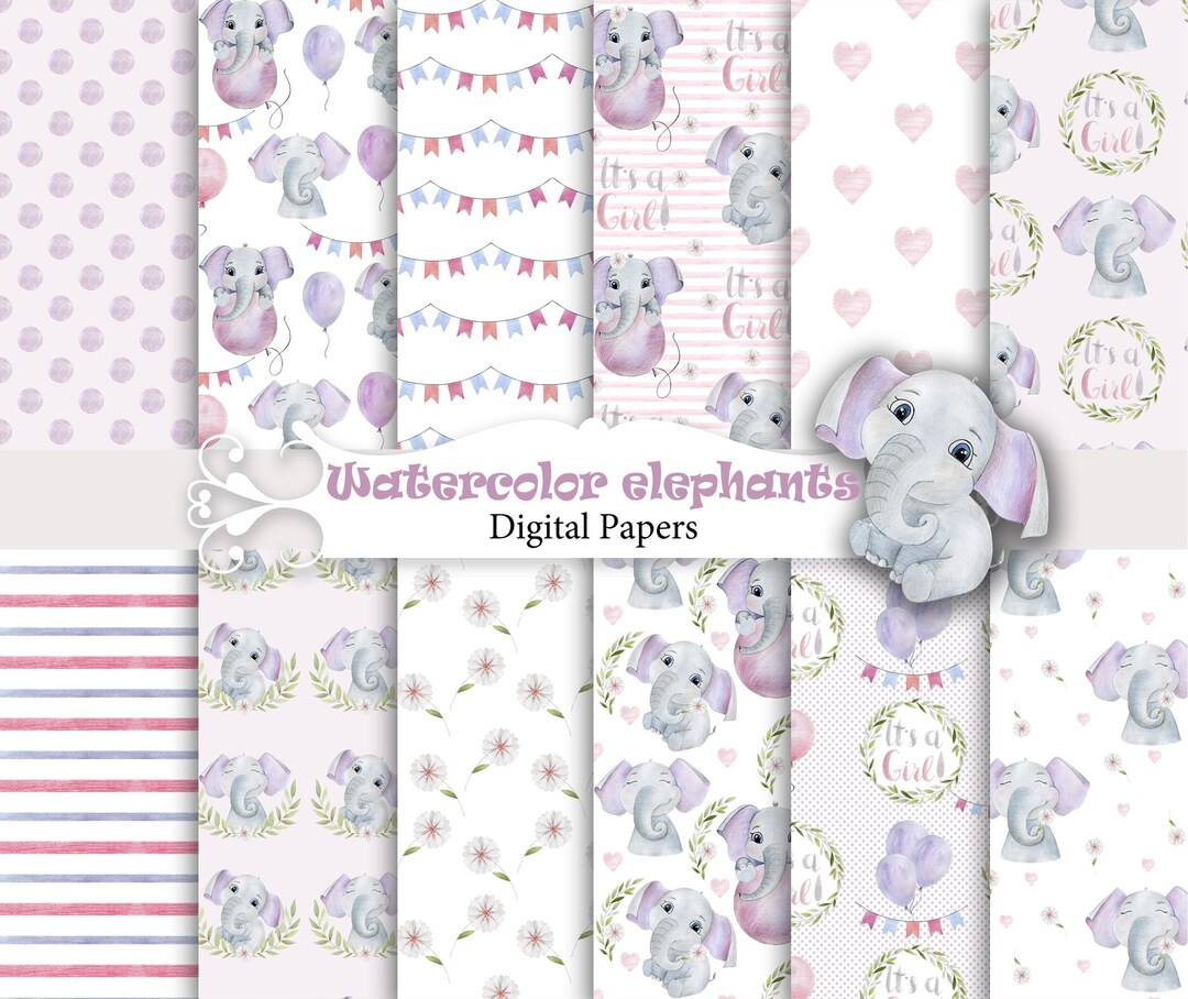 Watercolor Elephants, Animals Papers, Baby Seamless Patterns, Digital ...