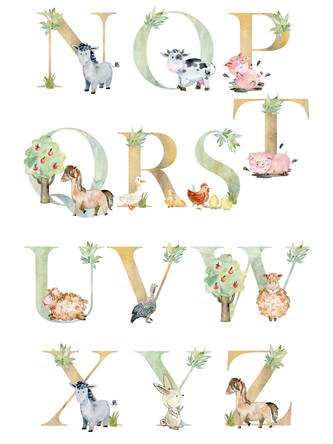 Watercolor Farm Animals Alphabet, Cute Letters and Numbers Clipart ...