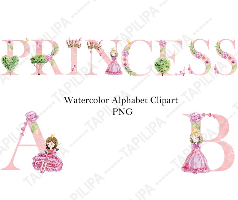Watercolor Princess Alphabet & Numbers Clipart - Pink Monogram Letters ...