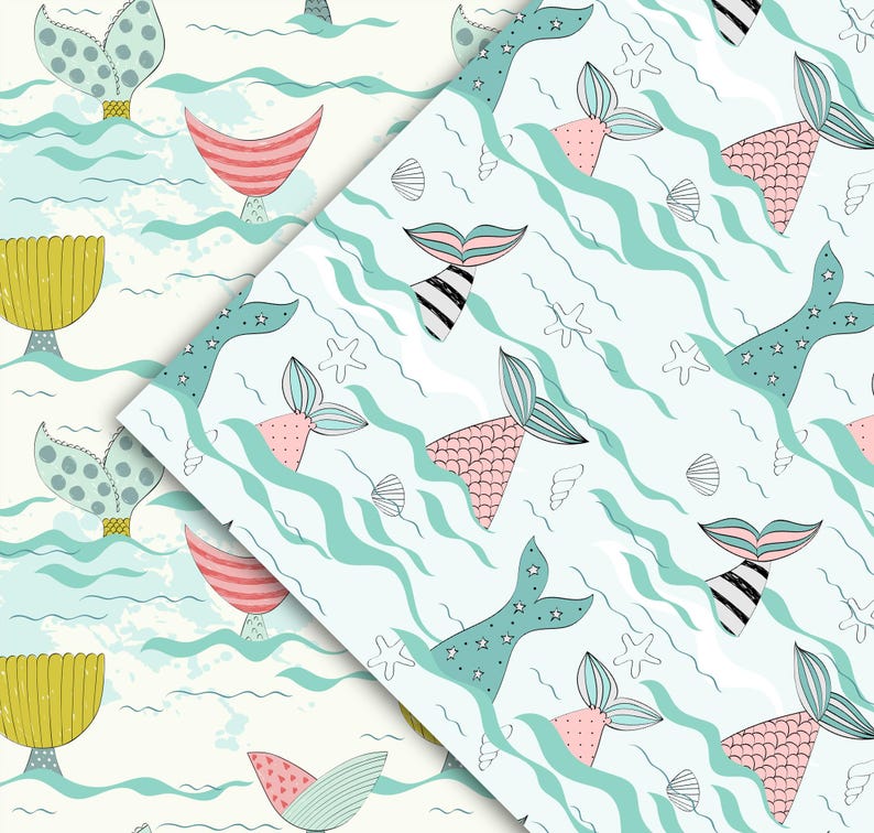 Vector Cute Mermaid Tails Papers, Kids Seamless Patterns for Girl ...