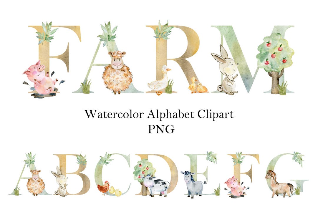 Watercolor Farm Animals Alphabet Clipart, Kids Letters and Numbers ...