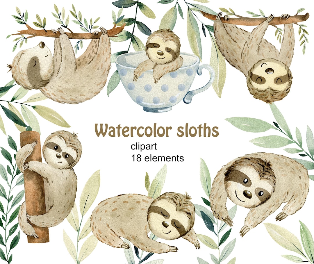 Watercolor Sloths Clipart, Kids Clip Art, Leaves Png, Nursery Art. - Etsy