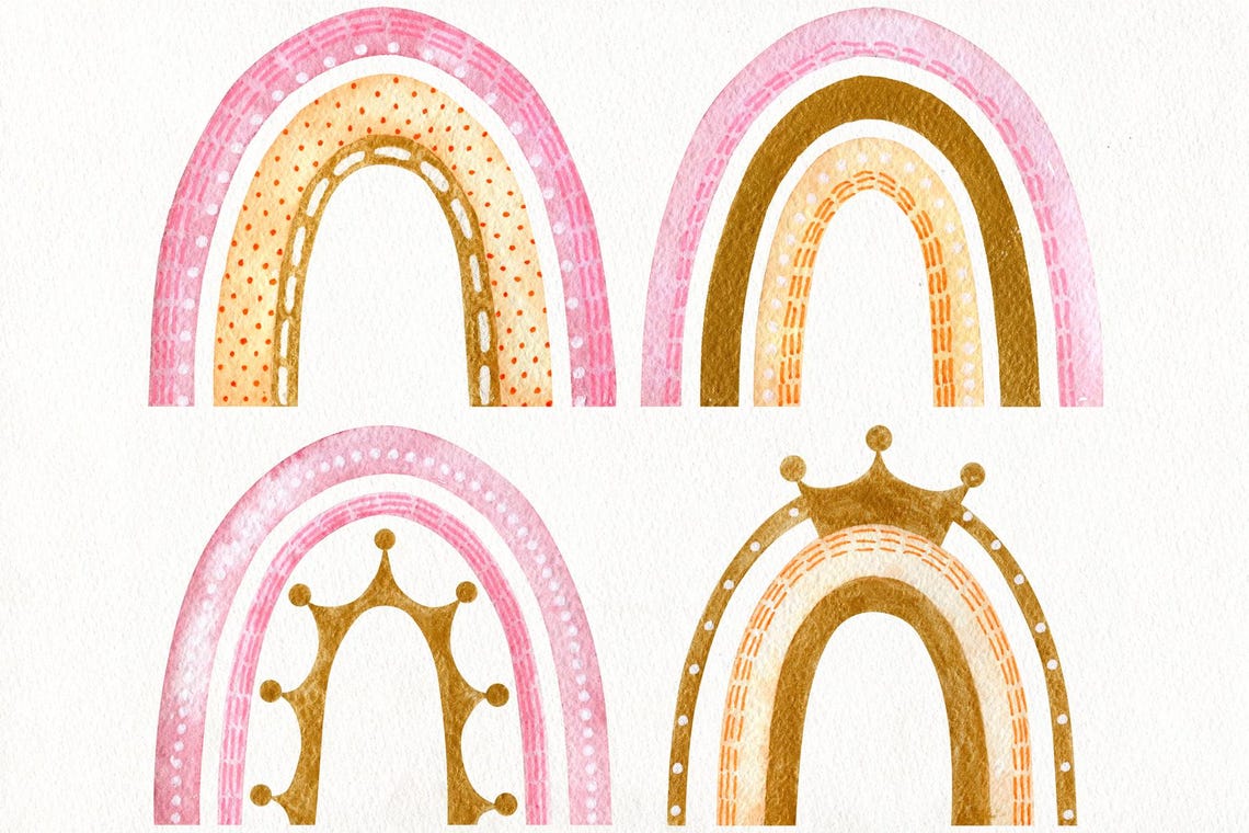 Watercolor Rainbow Clipart: Pink & Gold Crowns, Hearts (digital ...
