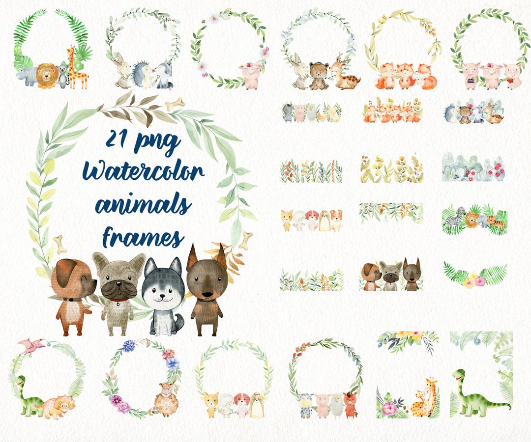 Watercolor Animals Frames Png, Kids Clipart, Baby Shower, Forest ...