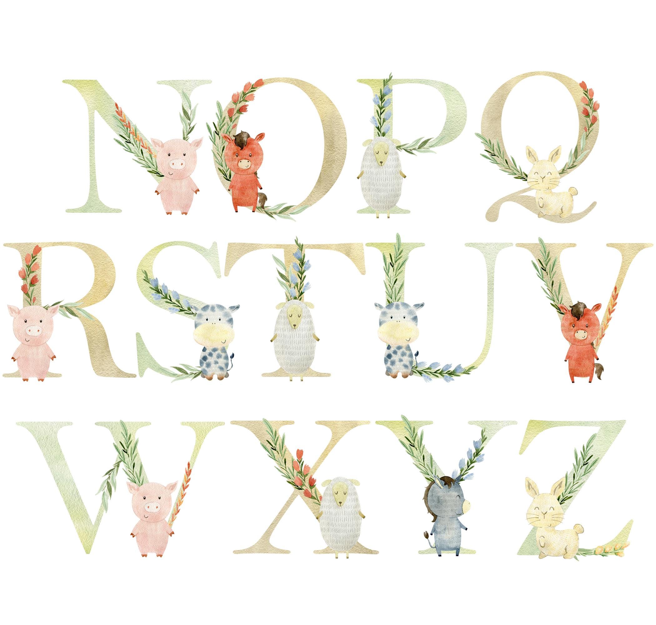 Watercolor Farm Animals Alphabet Clipart, Letters & Numbers PNG With ...