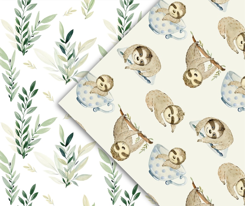 Watercolor Sloths Papers, Kids Seamless Patterns, Leaves, Scrapbook ...
