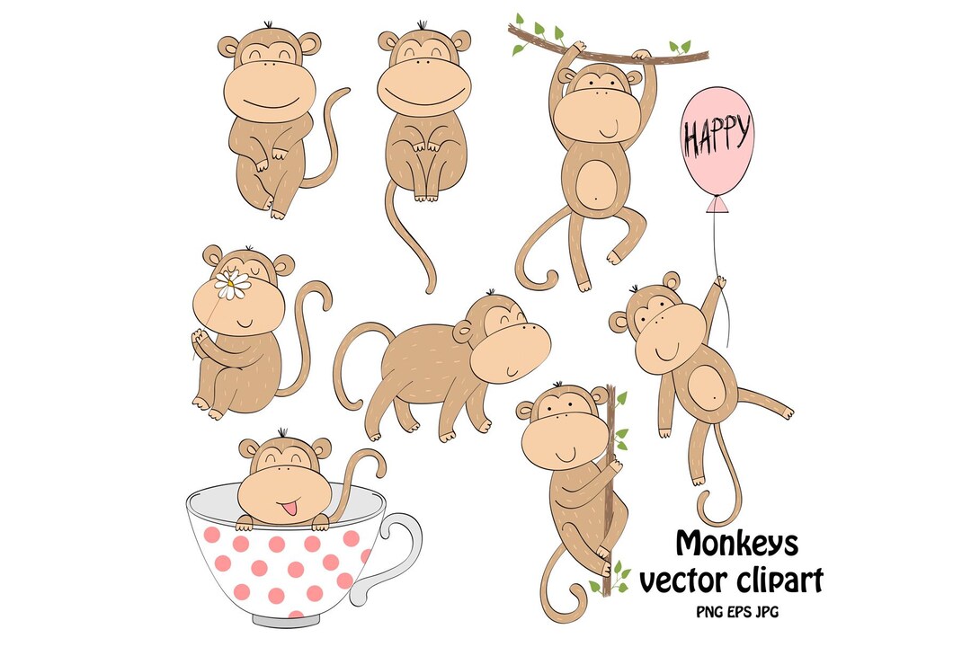 Cute Monkeys Clipart, Safari Animals Vector Clipart, Kids Nursery Art ...