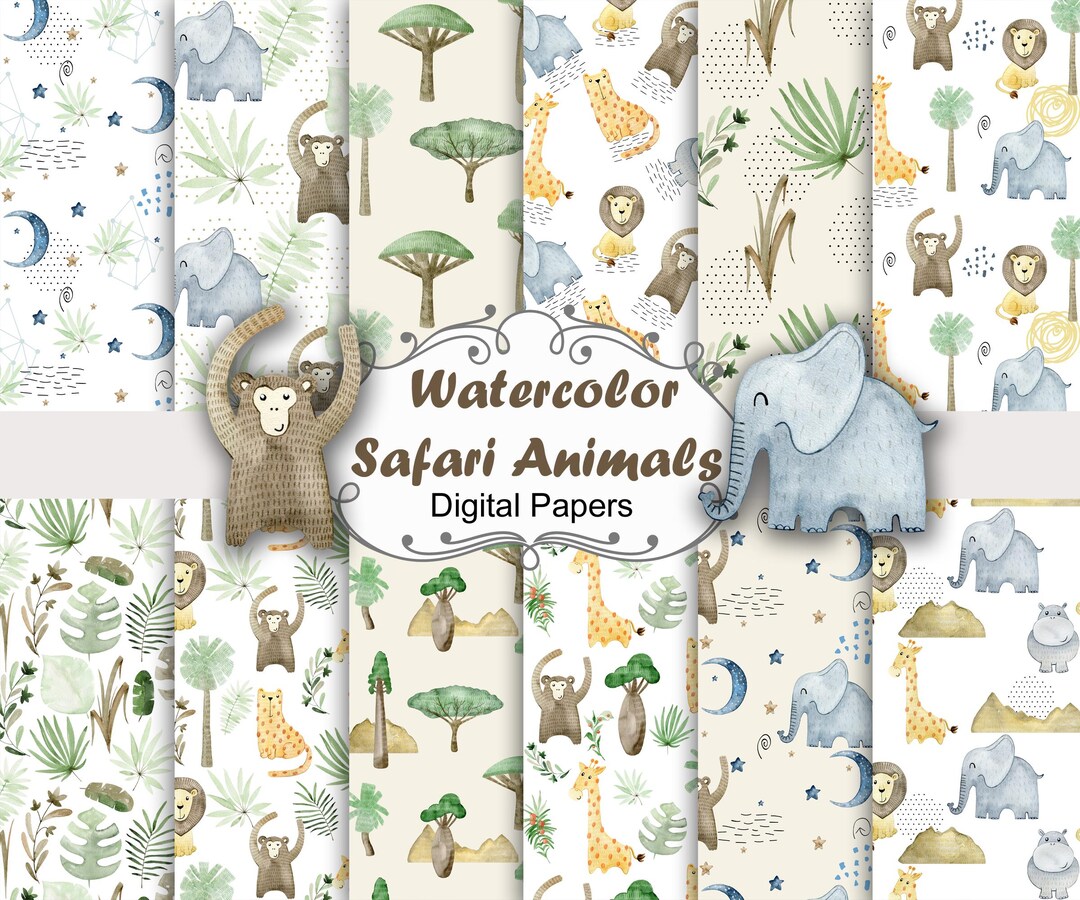 Watercolor Safari Animals, Digital Paper Pack, Kids Seamless Patterns ...