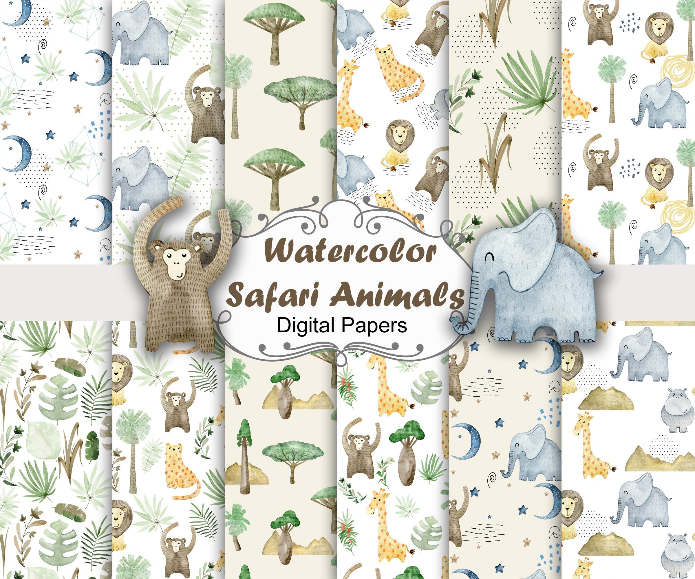 Watercolor Safari Animals, Digital Paper Pack, Kids Seamless Patterns ...