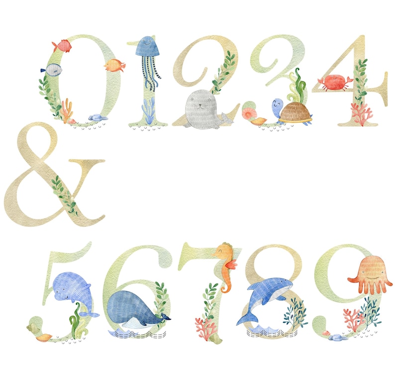 Sea Animals Alphabet, Watercolor Letters and Numbers. - Etsy