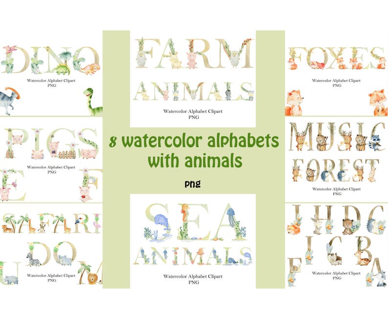 Watercolor Animals Alphabet Clipart, Cute Letters and Numbers Bundle ...