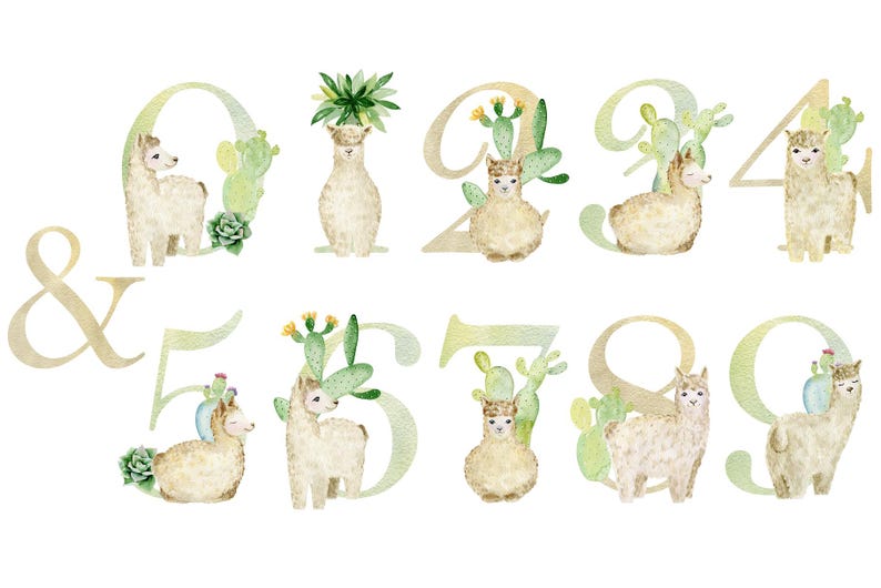 Watercolor Llama Alphabet, Letters and Numbers Clipart, Watercolor Clip ...
