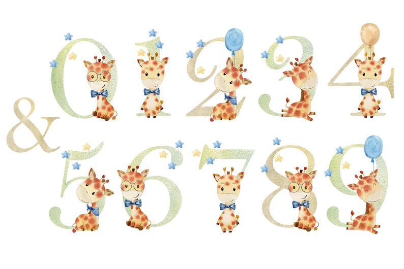 Watercolor Giraffes Alphabet for Boy, Letters and Numbers Clipart ...
