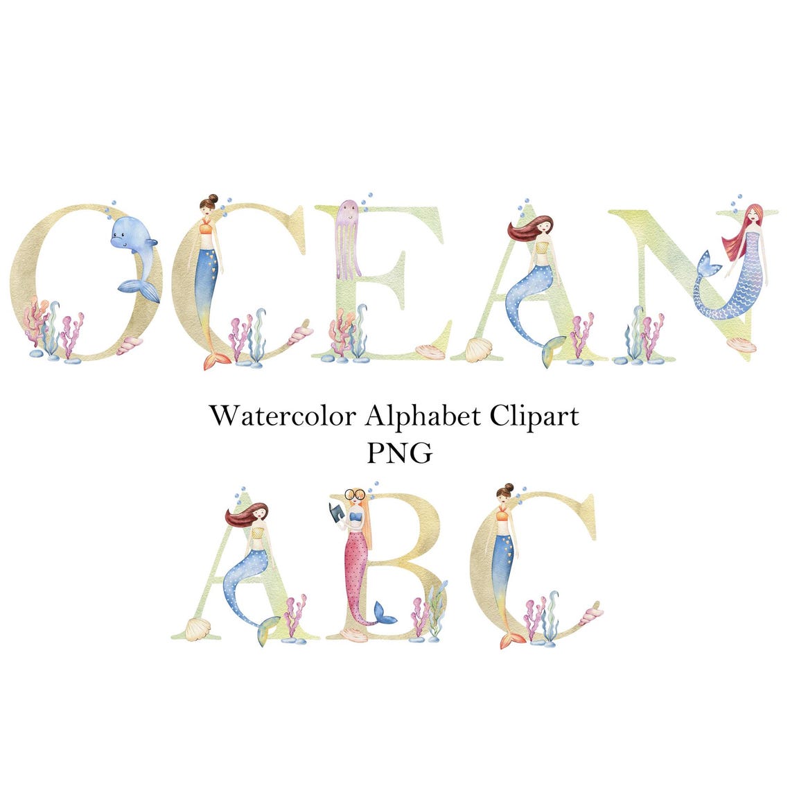 Watercolor Mermaids Alphabet, Letters and Numbers Clipart, Watercolor ...