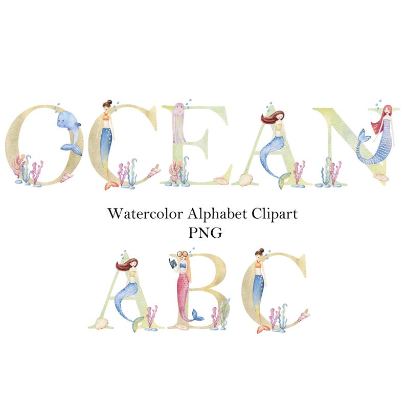 Watercolor Mermaids Alphabet, Letters and Numbers Clipart, Watercolor ...