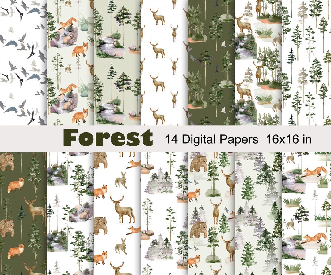 Watercolor Forest Papers, Animals Scrapbook Papers, Seamless Patterns ...