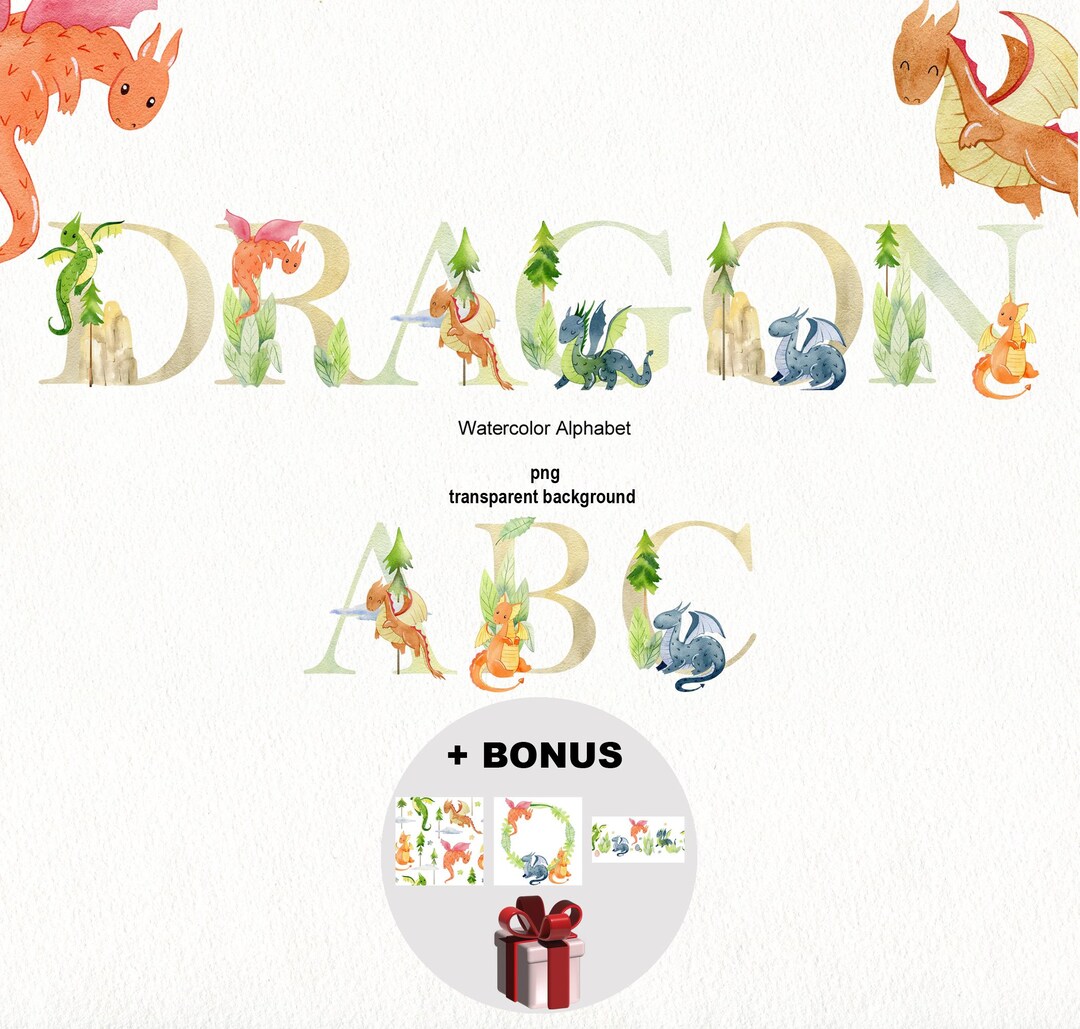 Watercolor Dragons Beige Letters and Numbers, Kids Alphabet Clipart Png ...