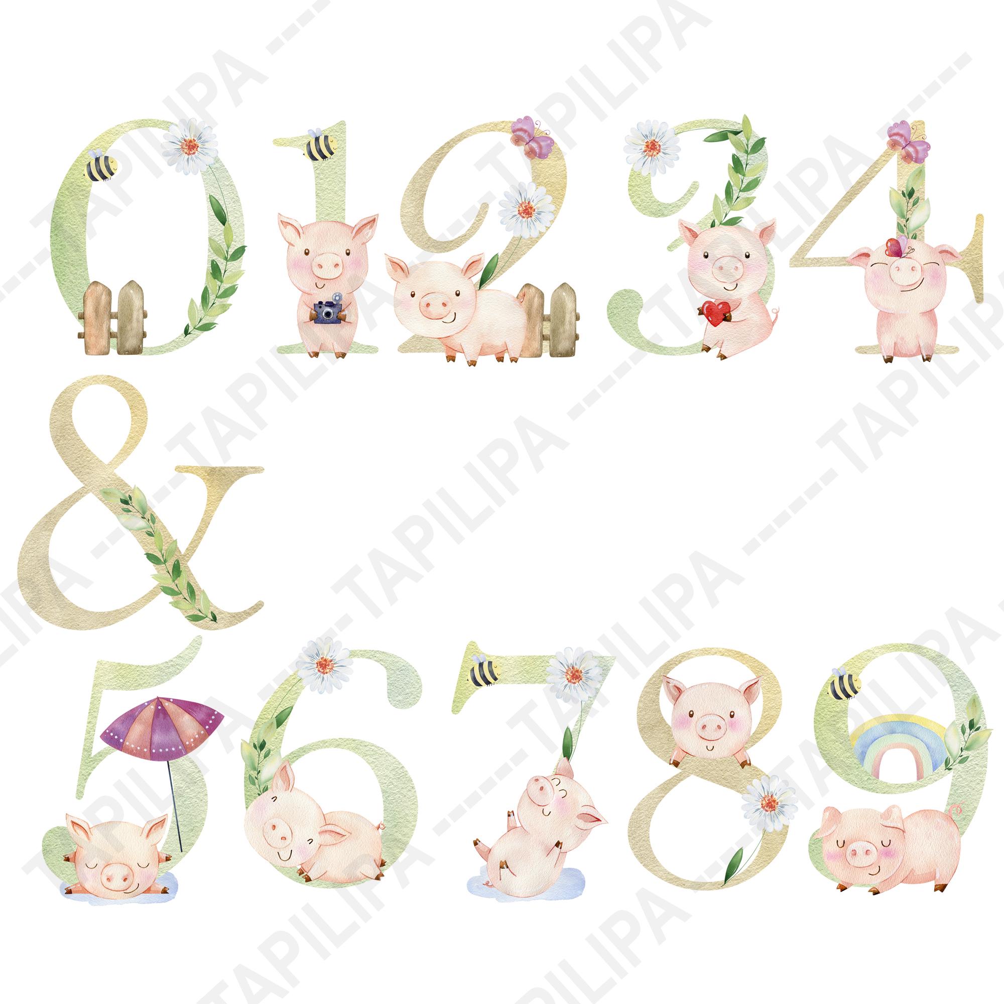 Watercolor Animal Alphabet Letters & Numbers Clipart - Pigs, Baby ...