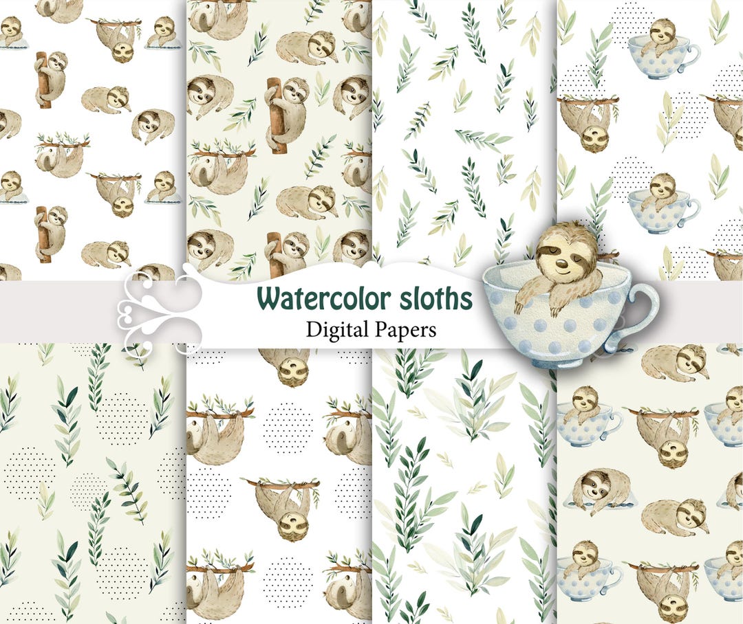 Watercolor Sloths Papers, Kids Seamless Patterns, Leaves, Scrapbook ...