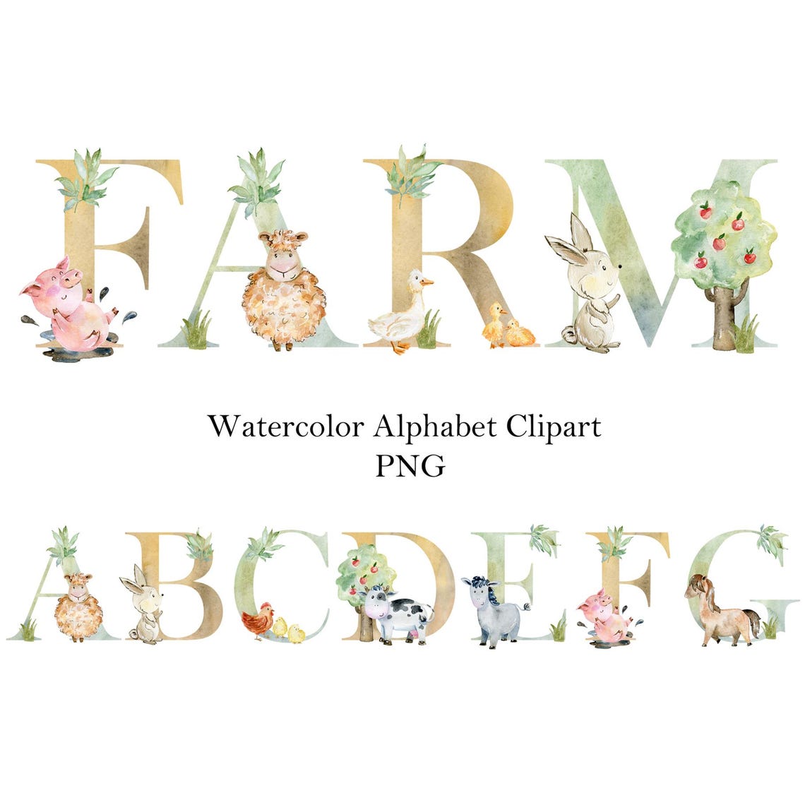 Watercolor Farm Animals Alphabet, Cute Letters and Numbers Clipart ...