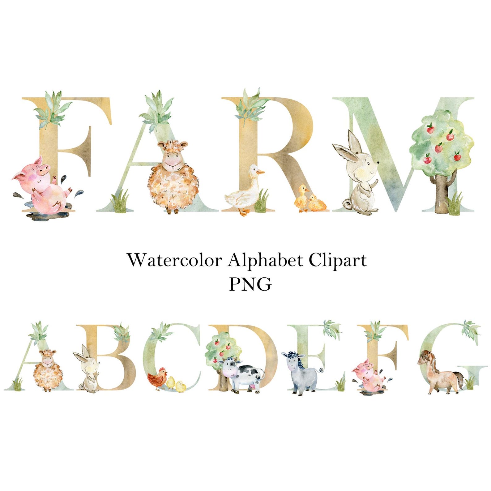 Watercolor Farm Animals Alphabet, Cute Letters and Numbers Clipart ...