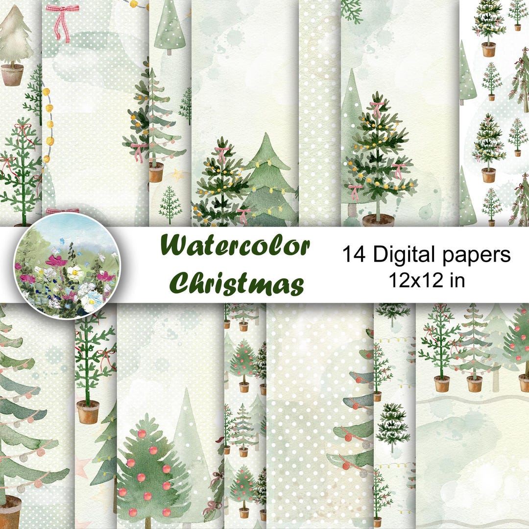 Christmas Tree Digital Paper, Watercolor Holiday Seamless Patterns ...