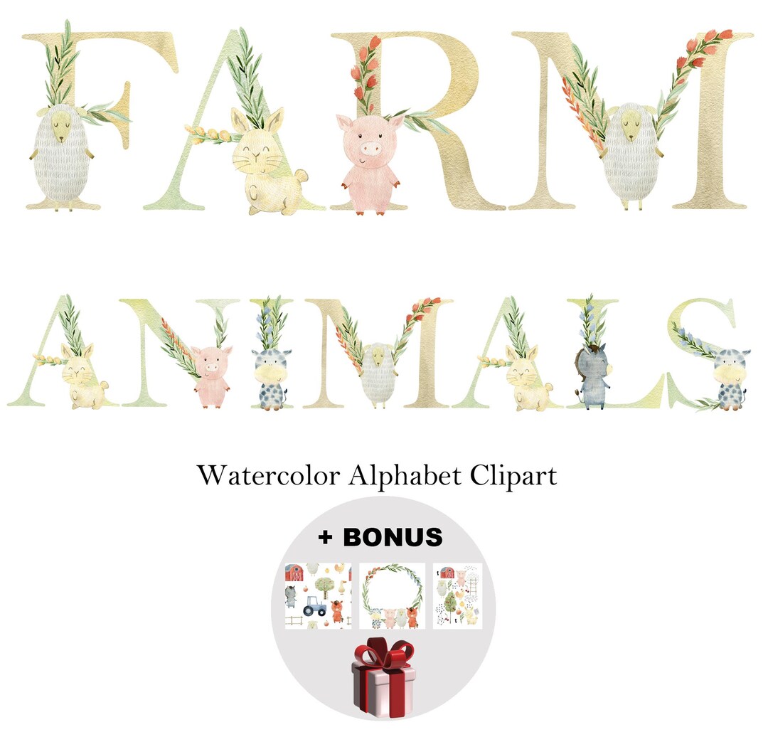 Watercolor Farm Animals Alphabet Clipart, Letters & Numbers PNG With ...