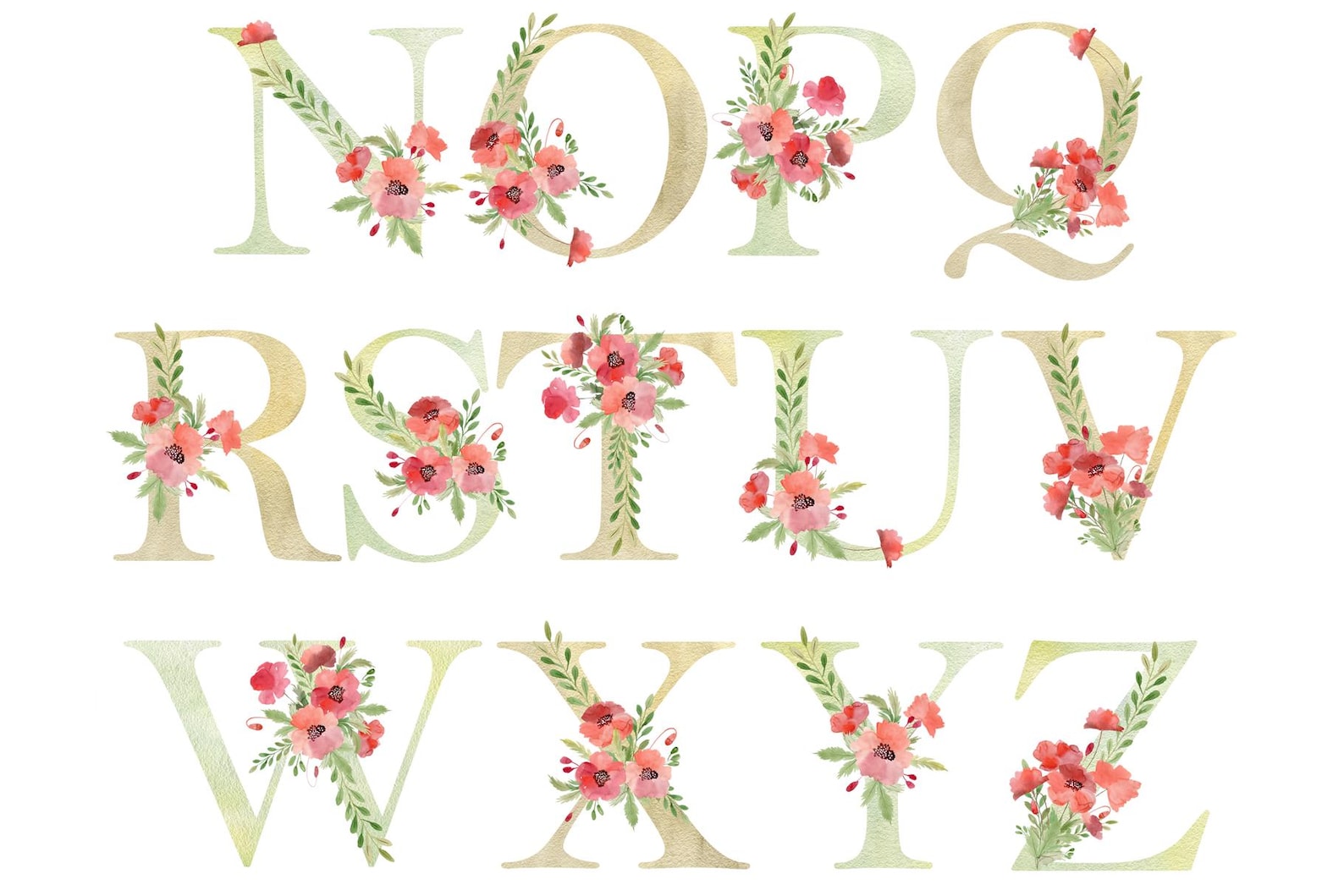 Watercolor Poppies Clipart, Floral Alphabet & Numbers, Flower Letters ...