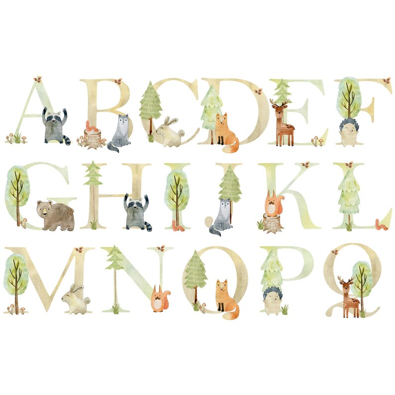 Watercolor Forest Animals Alphabet Clipart, Digital Personal Kids ...