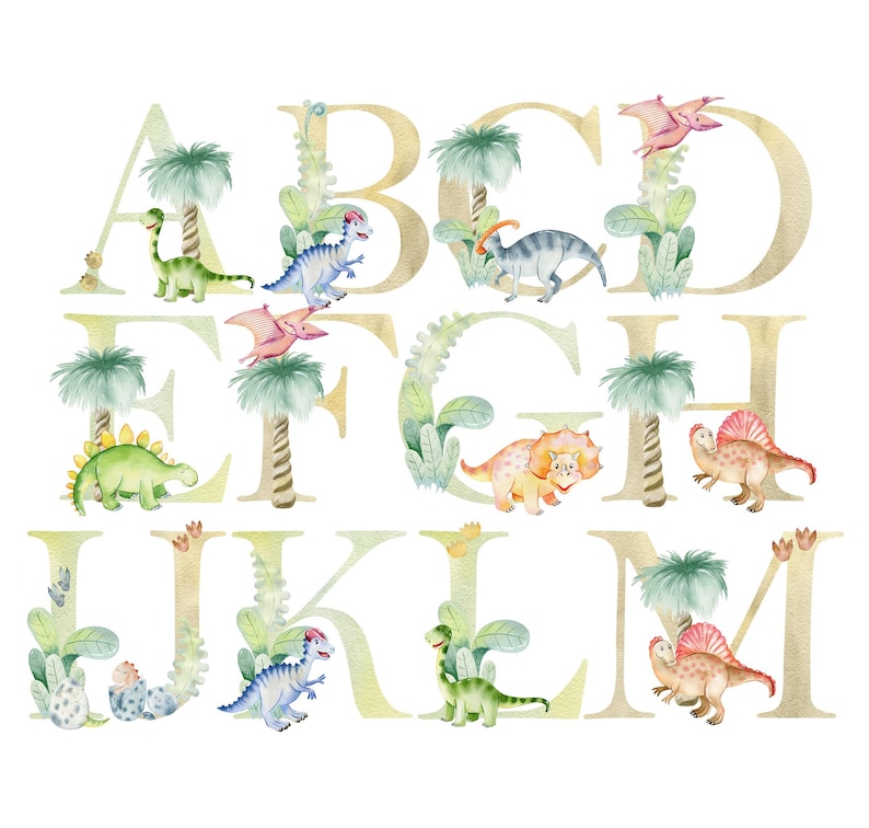 Watercolor Dinosaurs Letters and Numbers, Alphabet Clipart. - Etsy