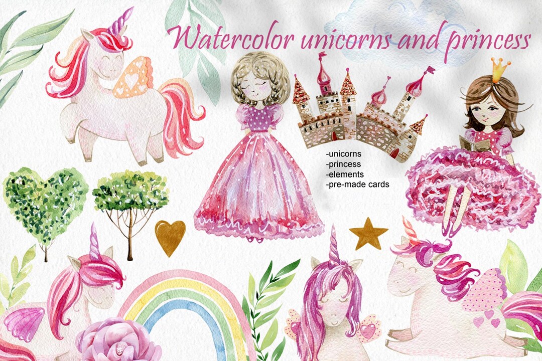 Watercolor Unicorns Clipart, Princess, Kids Clipart, Floral, Castle ...