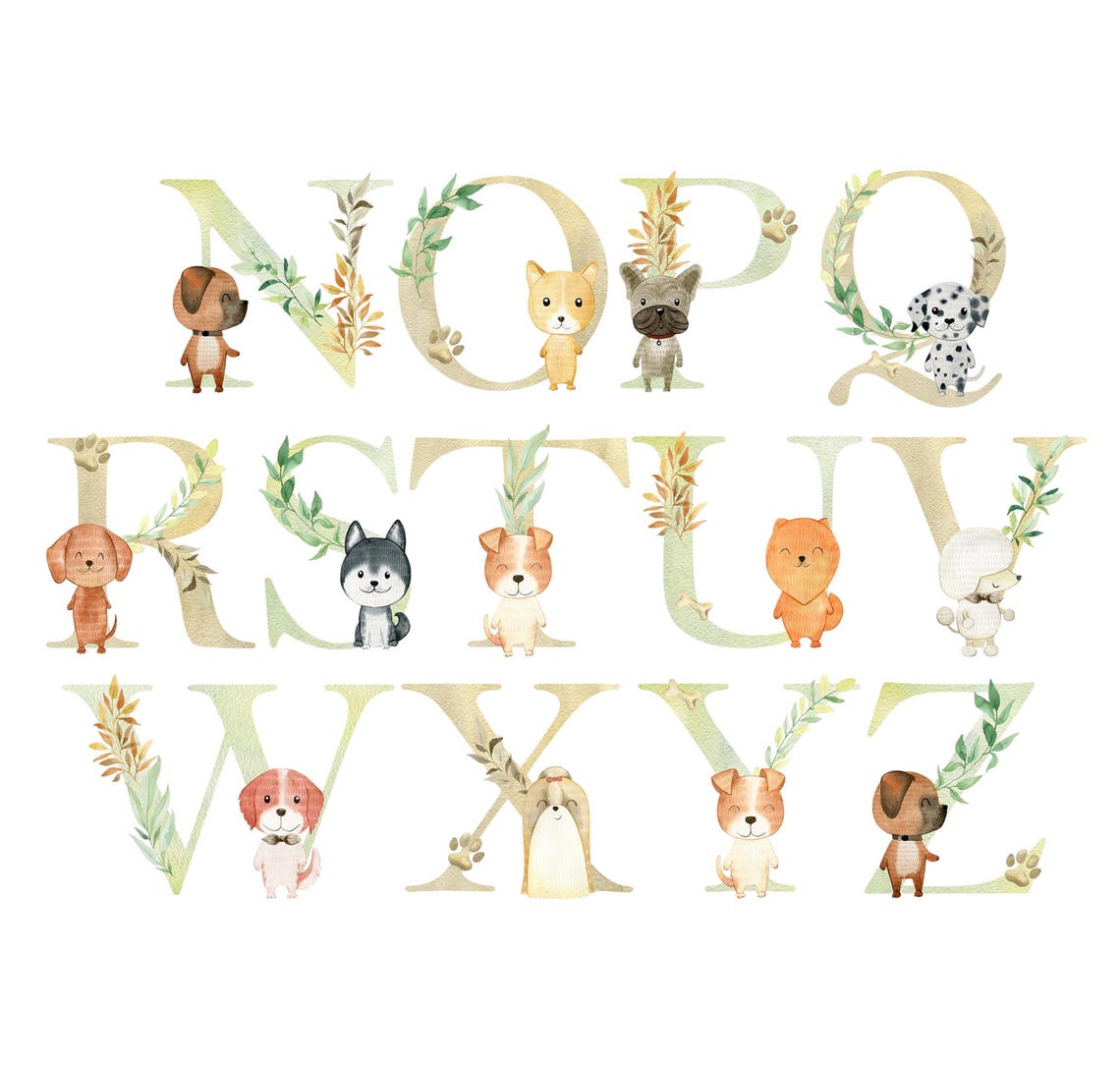 Watercolor Dog Breed Alphabet Clipart: Kids Initial Monogram Art ...