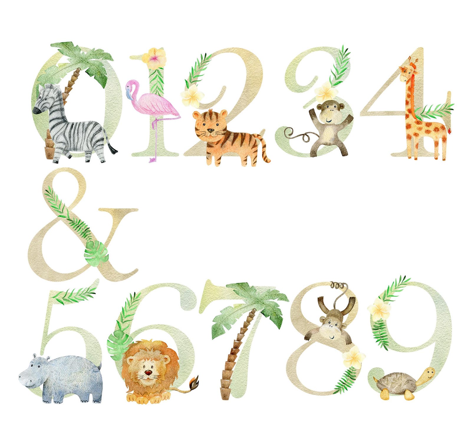 Watercolor Safari Animals Alphabet, Letters and Numbers Clipart ...