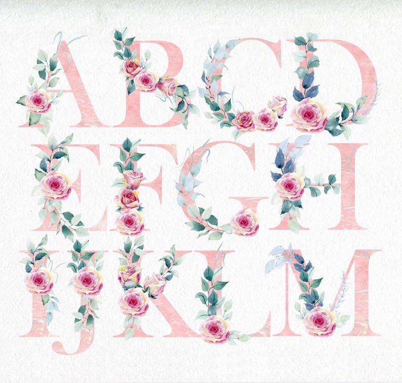 Watercolor Floral Alphabet Clipart, Digital Wedding Initial Monogram ...