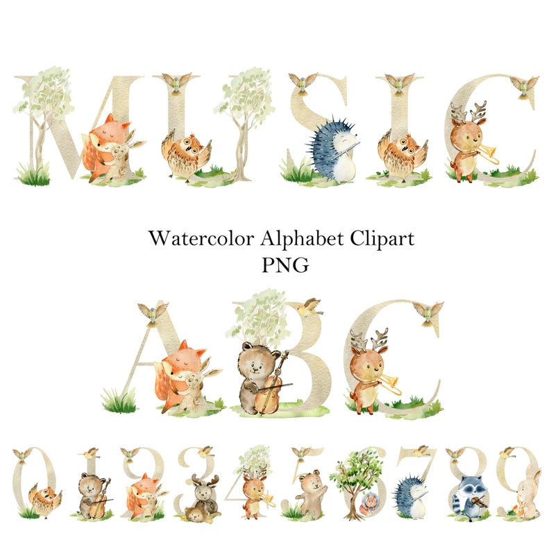 Watercolor Forest Animals Alphabet Clipart: Musical Letters & Numbers ...