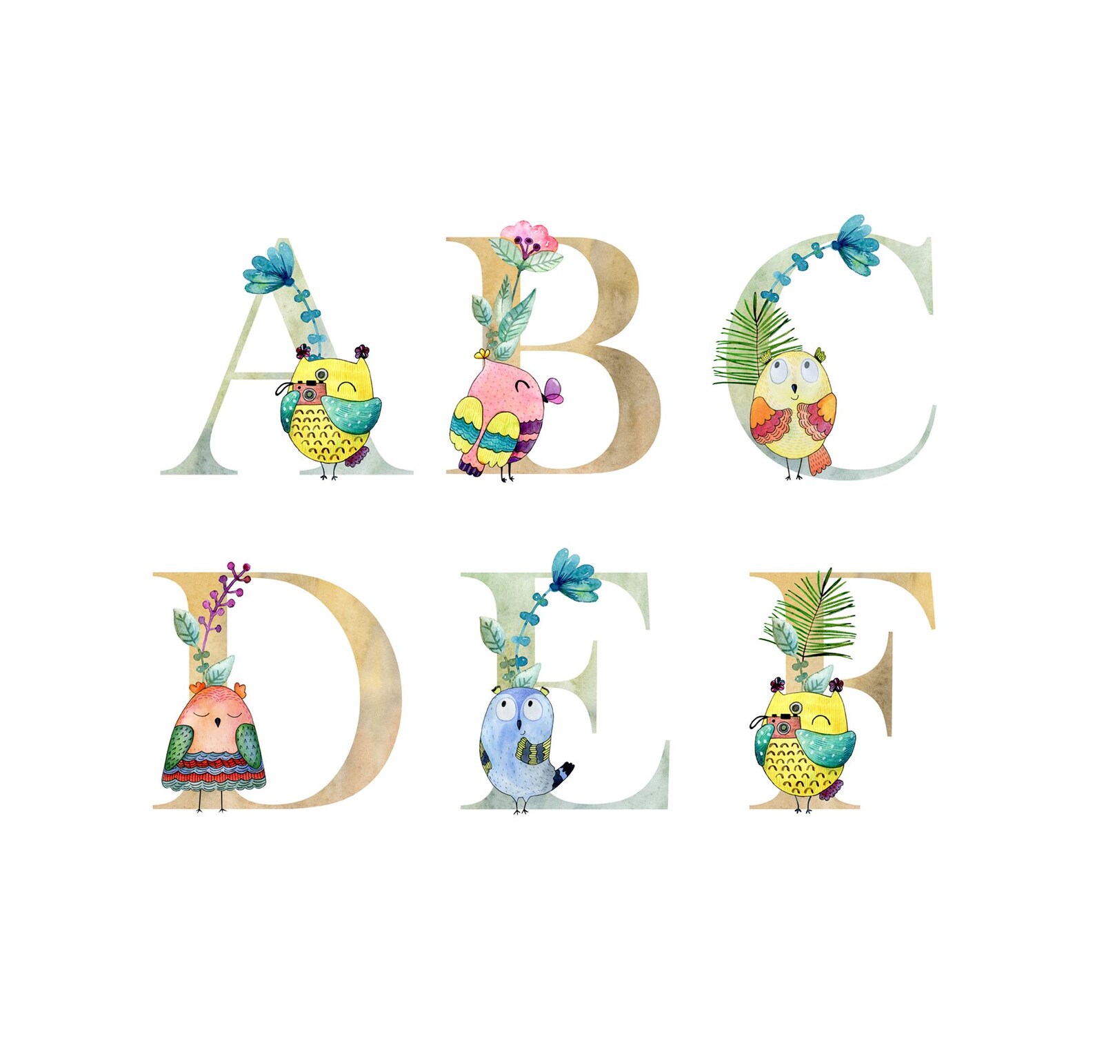 Watercolor Owls Alphabet, Cute Letters and Numbers, Monogram, Name ...