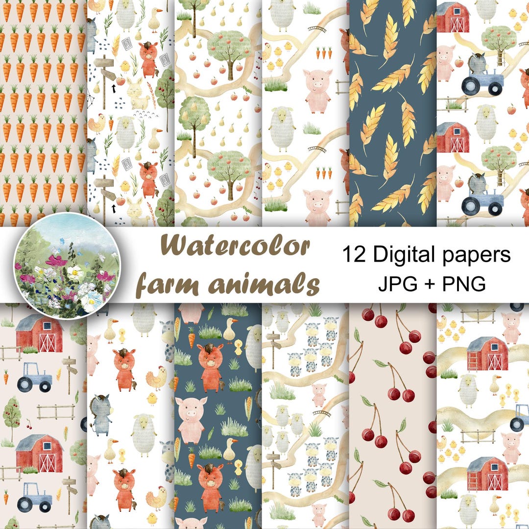 Watercolor Cute Farm Animals Papers, Kids Seamless Patterns, Scrapbook ...