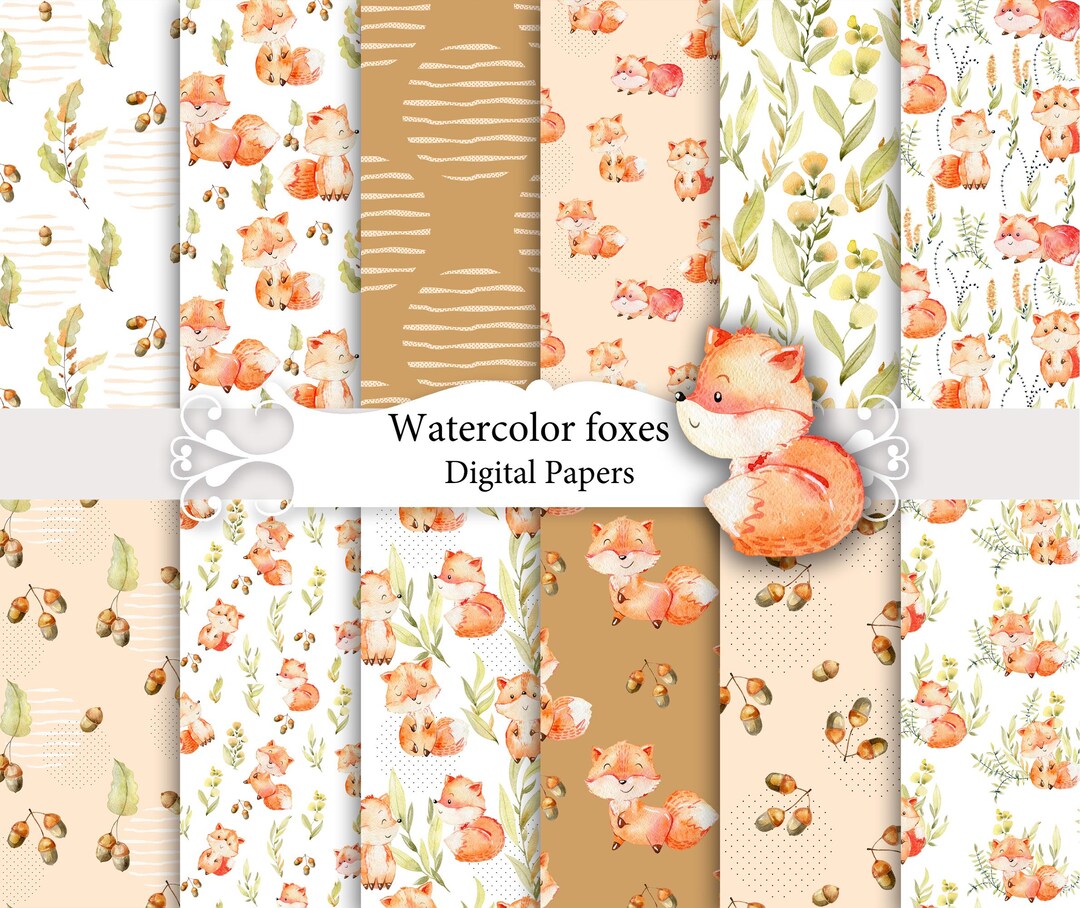 Watercolor Foxes Seamless Patterns, Woodland Animals Scrapbook Papers ...