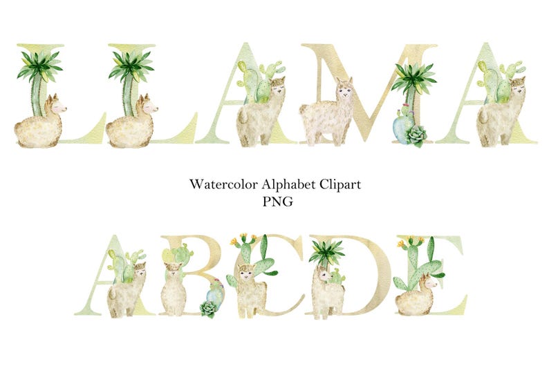 Watercolor Llama Alphabet, Letters and Numbers Clipart, Watercolor Clip ...