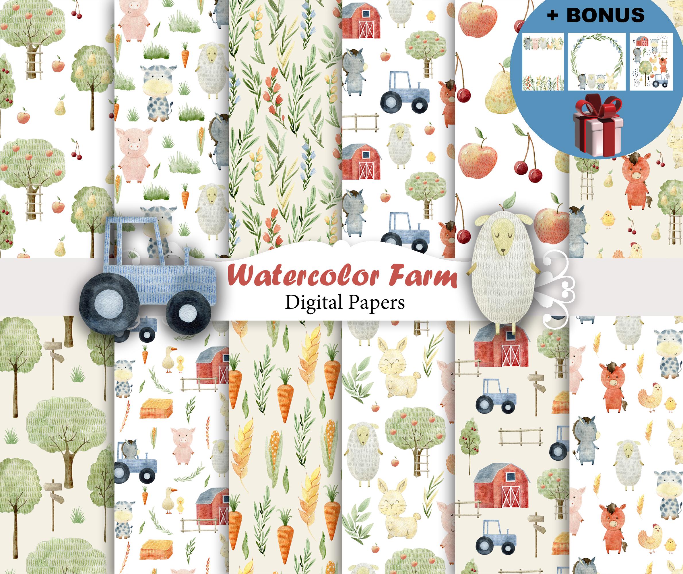 Watercolor Farm Animals Papers, Kids Seamless Patterns, Baby Animals ...