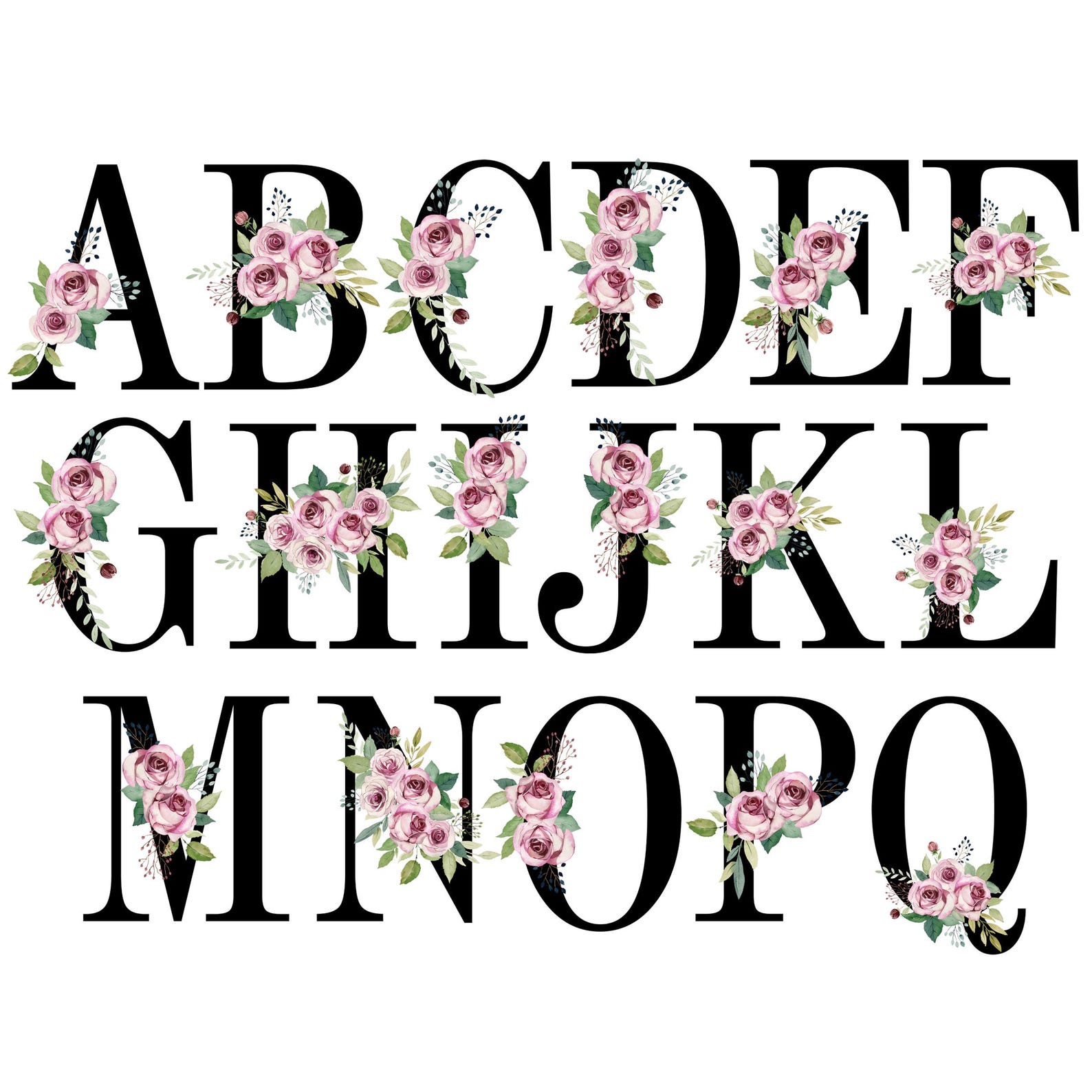 Watercolor Floral Alphabet Clipart PNG, Black Letters and Numbers With ...