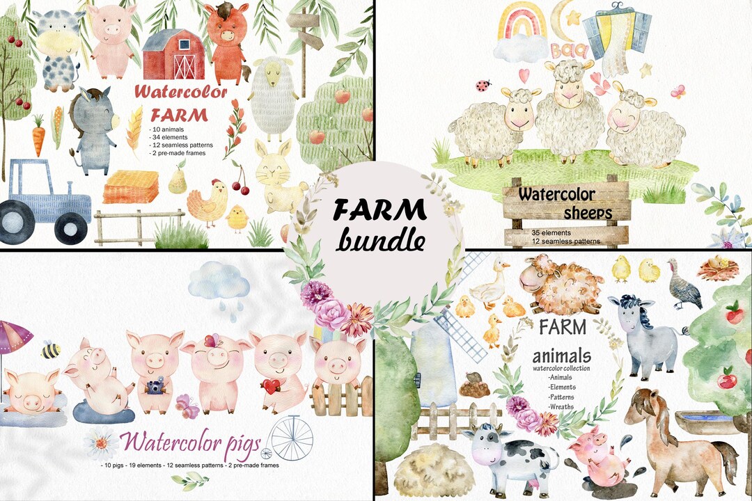 Watercolor Animals Bundle, Farm Animals, Kids Clipart Png, Floral ...