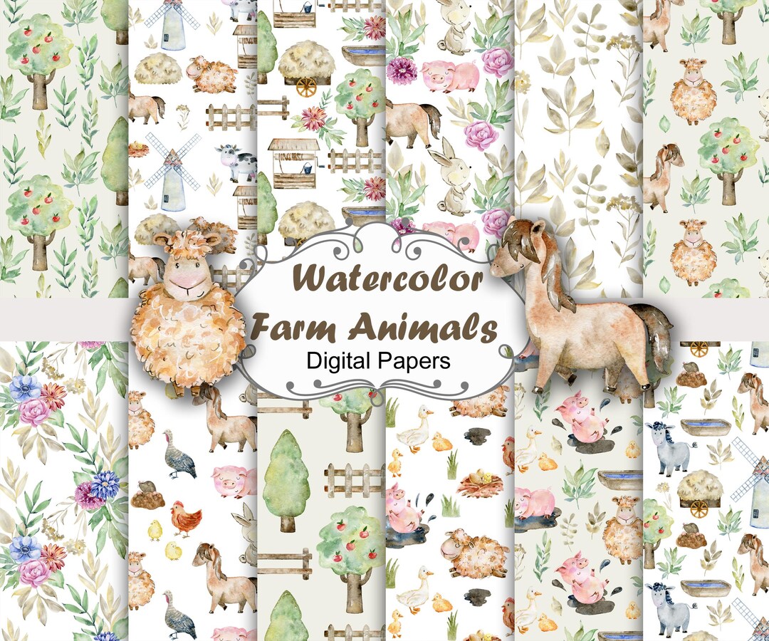 Watercolor Farm Animal Digital Paper: Seamless Nursery Patterns ...