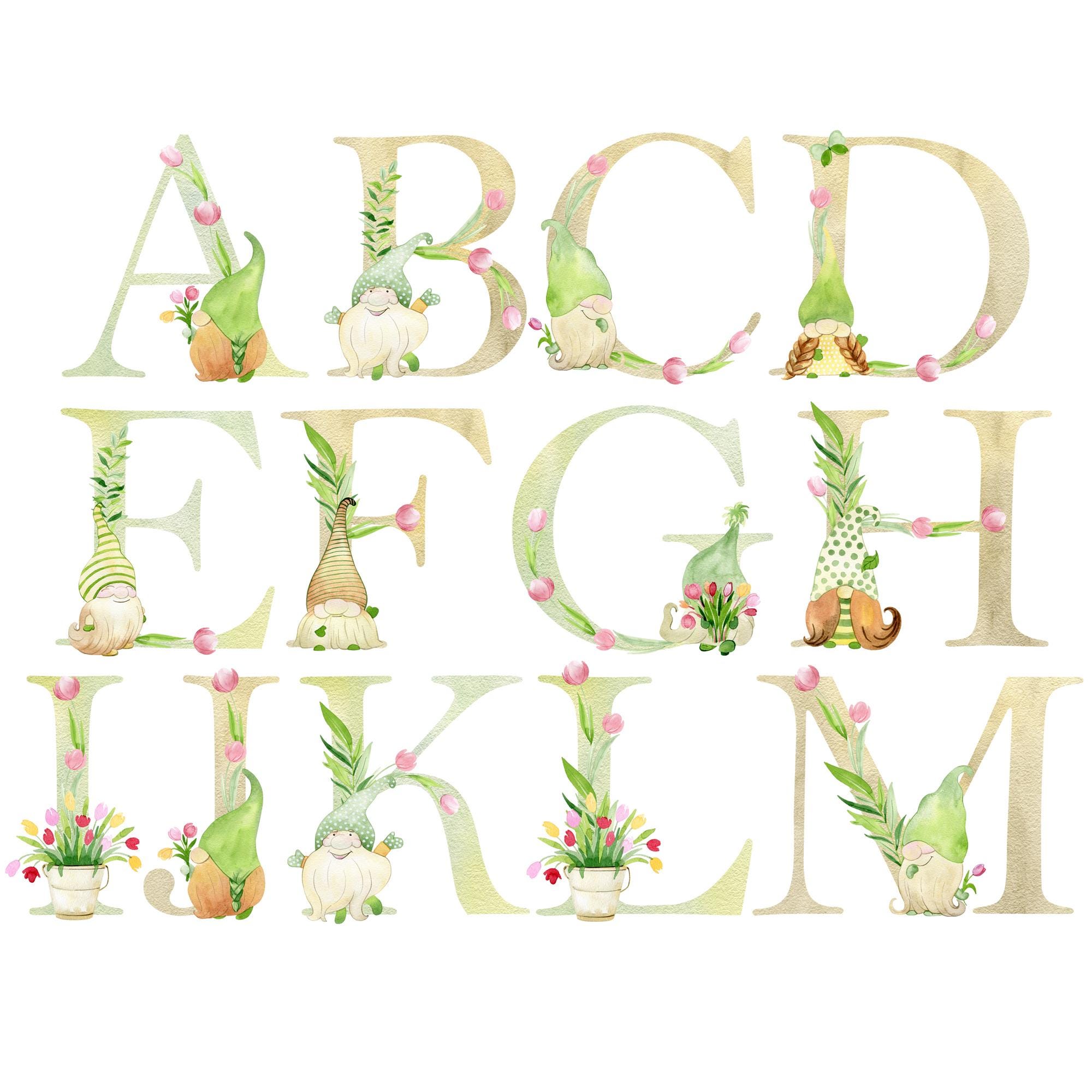 Spring Gnomes Alphabet Clipart, Watercolor Letters & Numbers, Frame ...