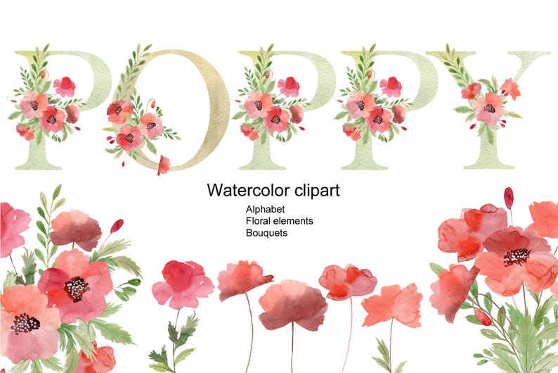 Watercolor Poppies Clipart, Floral Alphabet & Numbers, Flower Letters ...